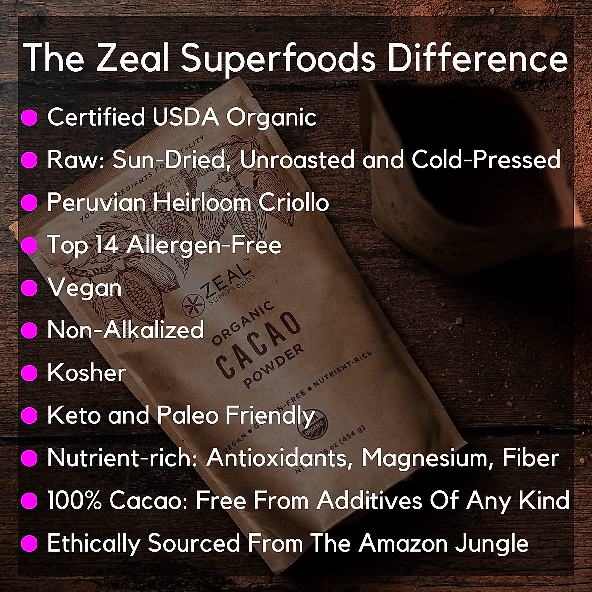 Zeal Superfoods Organic Cacao Powder - Raw, Heirloom Criollo, Top 8 Allergen-Free, Cold-Pressed, Unsweetened, Non-Alkalized, Vegan, Gluten-Free, Keto, Paleo, Kosher, Nutrient-Rich Superfood - Cocoa Powder Substitute - 16 oz (1 lb)