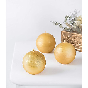 Set of 3 Sphere Ball Candles 3" Unscented Handpoured for Weddings, Home Decoration, Church, Restaurant, Spa, Smokeless Cotton Wick - Gold
