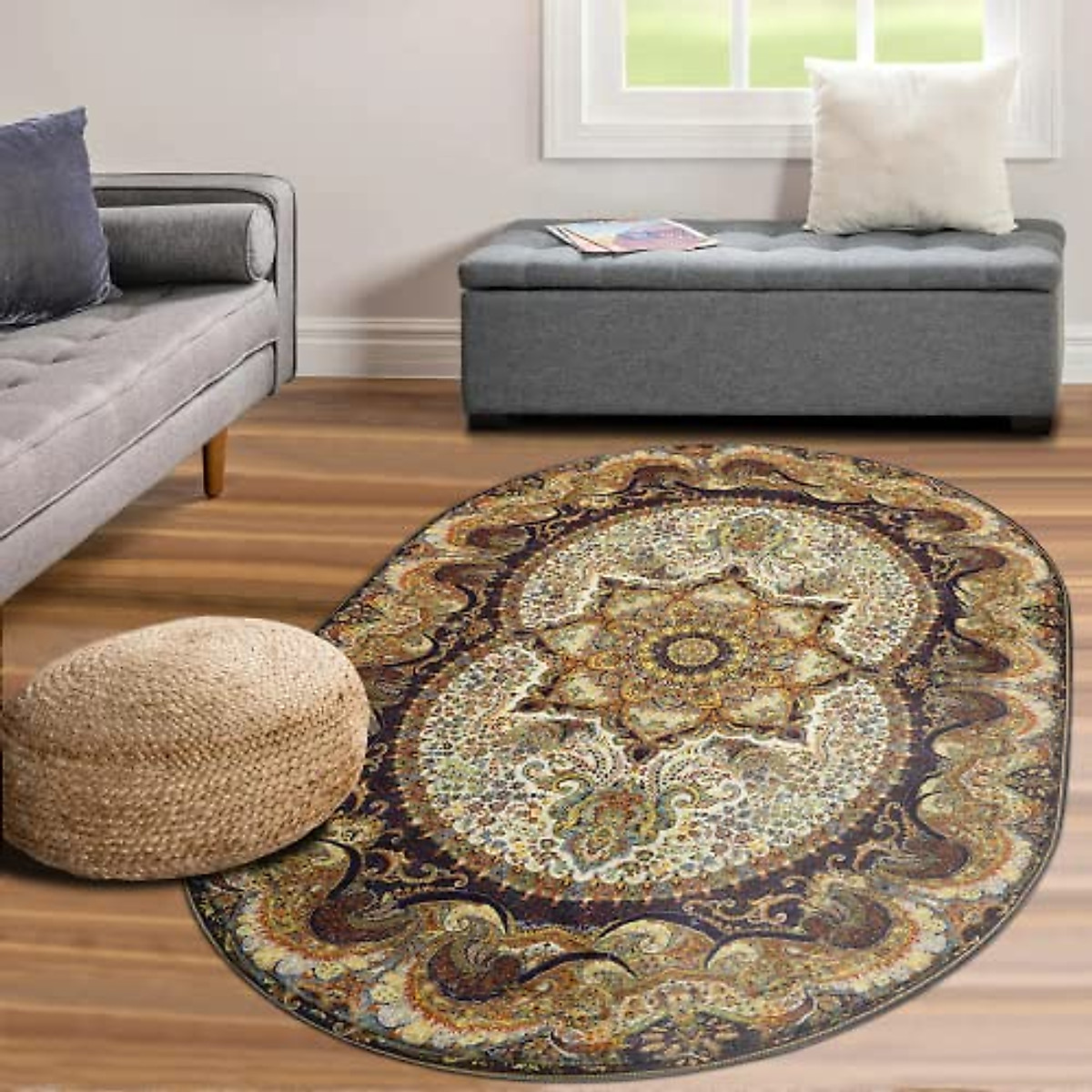 Boho Tribal Area Rug 4'x6', Washable Persian Distressed Large Throw Mat Soft Faux Wool Bohemian Bedroom Rug Nursery Carpet Black Rug Accent Rugs for Living Room Dining Entrance Home Decor