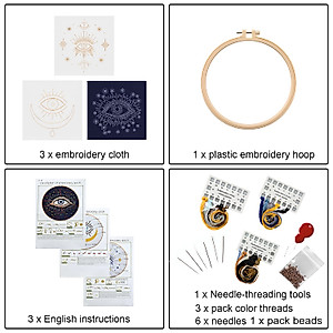 Anidaroel 3 Sets Evil Eye Embroidery Starters Kit for Beginners, Stamped Cross Stitch Kits for Beginners Adults Include Embroidery Cloth, Embroidery Hoops, Threads and Needles