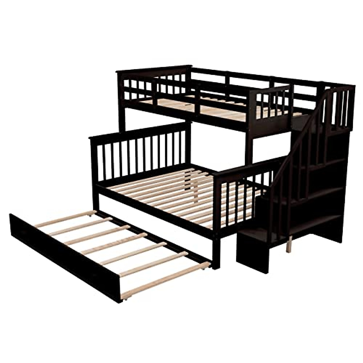 FIQHOME Stairway Twin-Over-Full Bunk Bed with Twin Size Trundle,Bunk Bed Frame Convertible into 2 Beds Storage and Guard Rail for Bedroom, Dorm, for Adults,Espresso