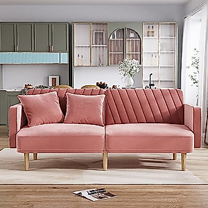 OUYESSIR Futon Sofa Bed, Convertible Sleeper Sofa with Wood Legs, 74.5“ Splitback Sofa with 2 Pillows, Velvet Futon Couch for Living Room (Rose Pink)