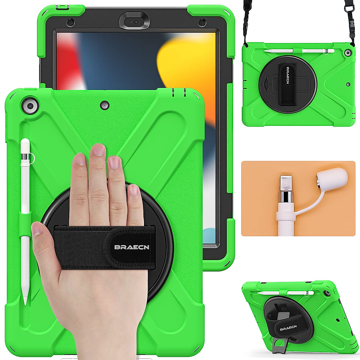 BRAECN iPad Case 9th/8th/7th Generation, 10.2 Inch iPad Case with Hand Strap, Dropproof Kids Case with Kickstand, Shoulder Strap, Pencil Holder, Pencil Cap Holder for 2021/2020/2019 10.2" iPad(Green)