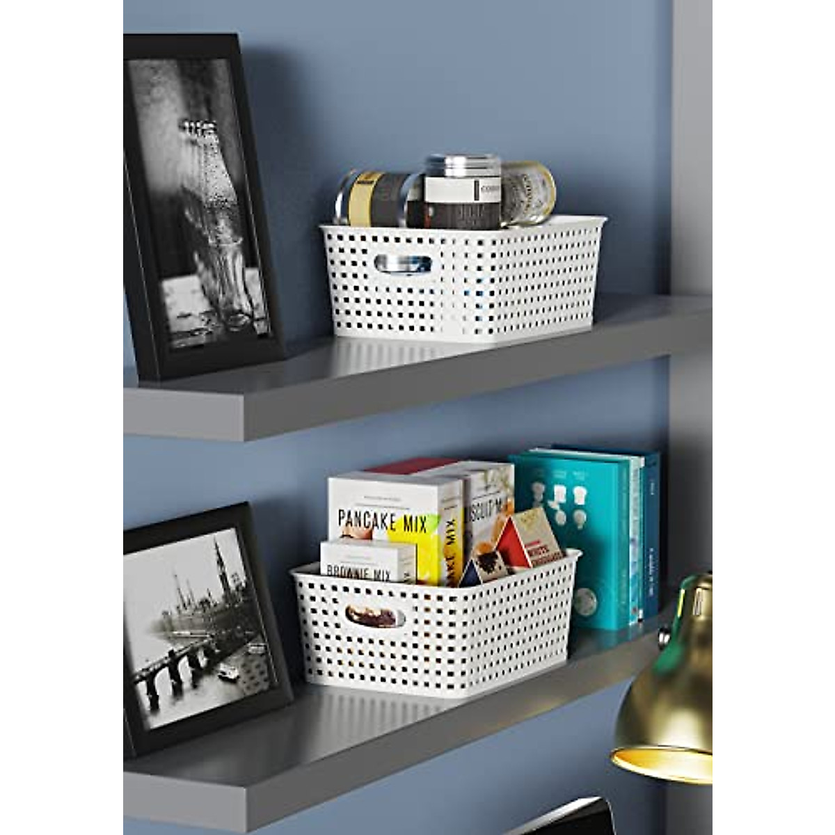 Woven Plastic Storage Basket, 6 Pack White Weave Bins Organizer, 10.1" x 7.55" x 4.1"