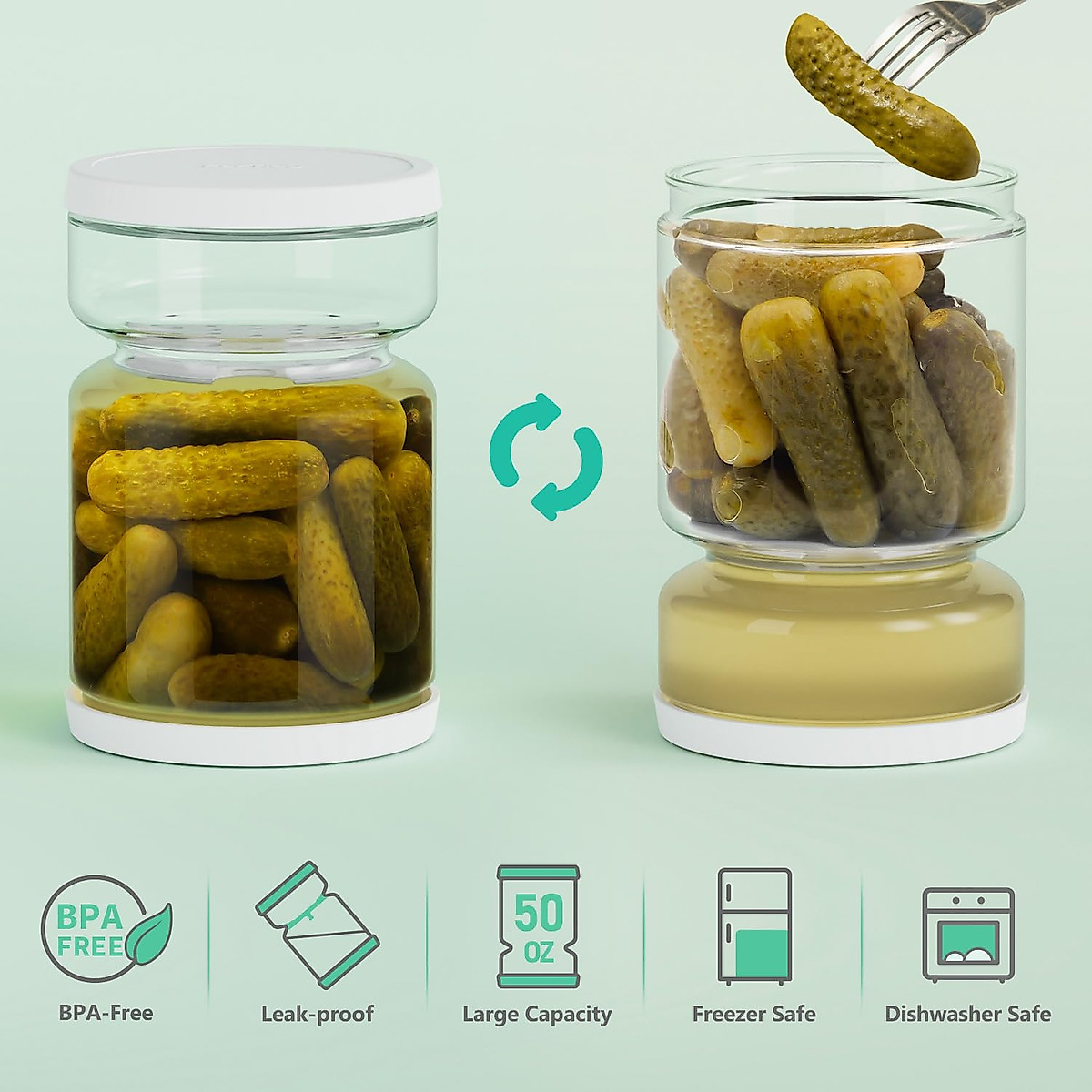 ForTidy Pickle and Olive Container with Strainer Flip - 50 OZ Airtight Glass Jar for Pickle Lover, Versatile Food Keeper, Kitchen Organization Must-Have, BPA-Free, Dishwasher Safe (White)