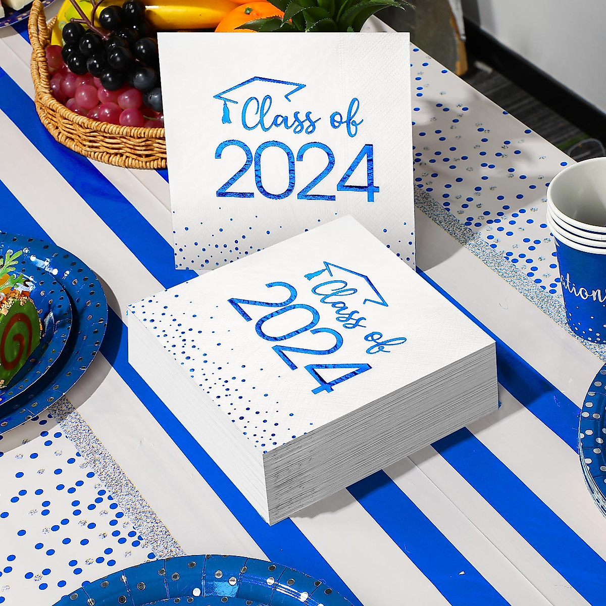 100Pcs Class of 2024 Graduation Napkins, Disposable Congrats Grad Paper Cocktail Napkins Square Foil Dot Hand Towels for 2024 School University College Graduation Party Decorations（Blue）