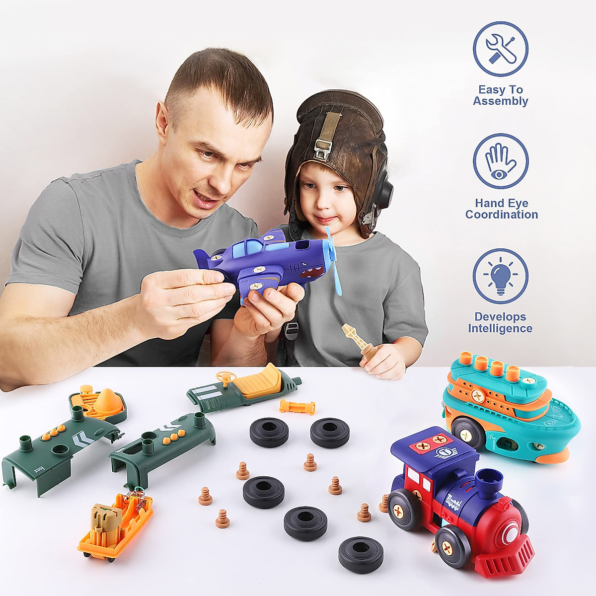 iPlay, iLearn Take Apart Toy Vehicle Playset, Kids Assembly Build Set W/Screwdriver, Vintage Electronic Motor Car Boat Airplane Train, Preschool STEM, Birthday Gifts for 3 4 5 6 7 Year Old Boys Girls