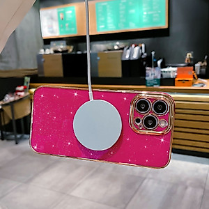 MGQILING Compatible with iPhone 13 Pro Max Magnetic Glitter Case-6.7 Inch, Luxury Love Heart Pattern Plating Case, Compatible with MagSafe for Women Girls Shockproof Back Cover-Hot Pink
