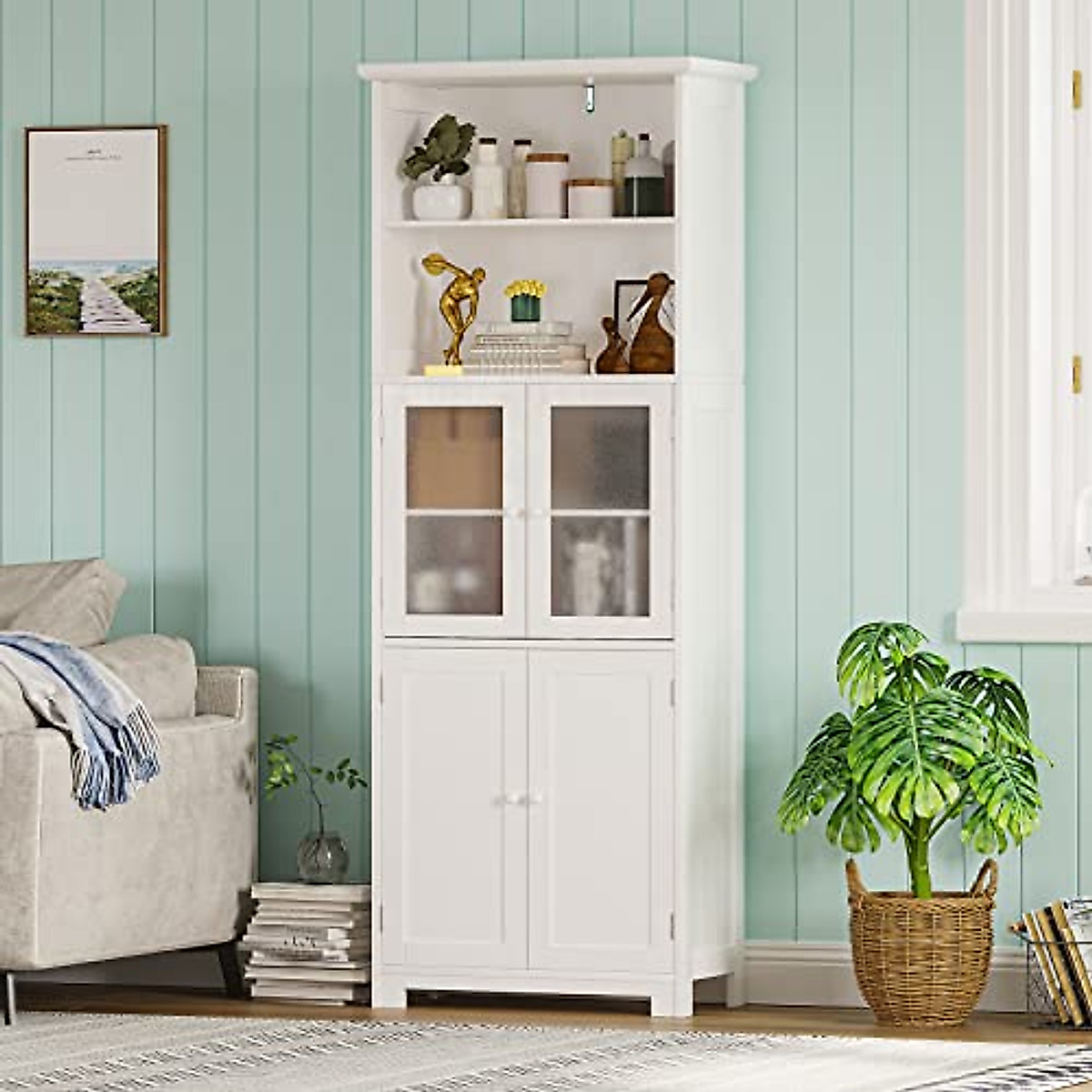 ADORNEVE 64" Bathroom Storage Cabinet, Linen Cabinet with 2 Doors, Tall Storage Cabinet with 2 Open Compartments & Adjustable Shelves for Bathroom, Living Room, Office, White