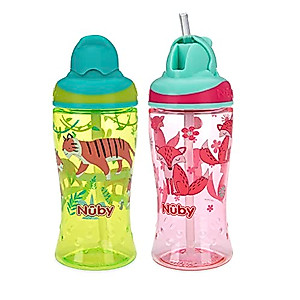 Nuby 2pkThirsty Kids No-Spill Flip-it Printed Boost Cup with Thin Soft Straw - 12oz, 18+ Months, 2pack Print May Vary
