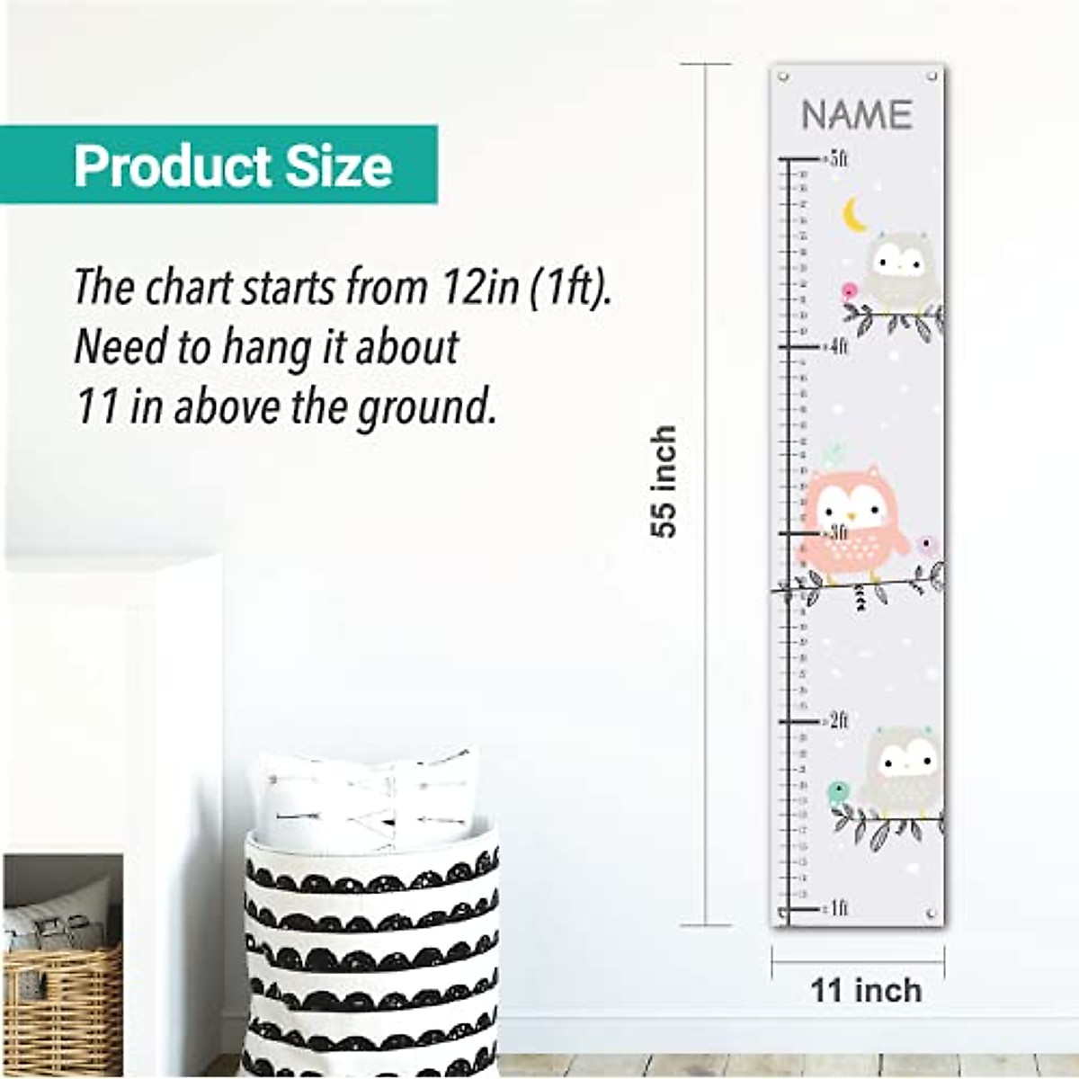 Personalized Kids Canvas Growth Chart, Height Chart, Growth Chart Banner, Cute Owl