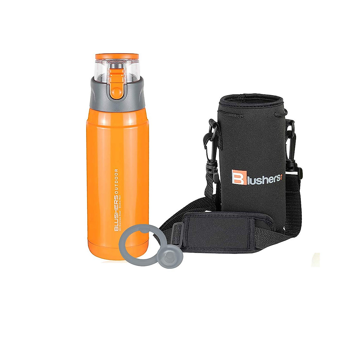 Blushers 650ml (22oz) Double Wall Vacuum Insulated 304 Stainless Steel To Go Travel Mug, One Touch Lock Lid Thermos Water Bottle (Orange - 3 Piece Set)
