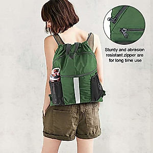 BeeGreen Dark Green Drawstring Backpack with Shoe Compartment X-Large Gym Sports String Cinch Backpack Athletic Sackpack with Front Inside Zipper Pockets