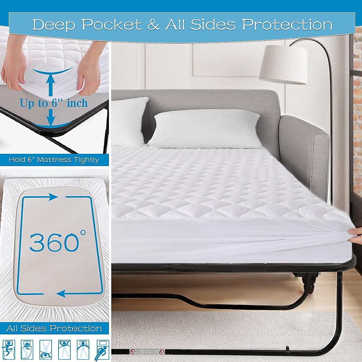 GRT Waterproof Sofa Bed Mattress Pad - 100% Waterproof Queen Sleeper Sofa Mattress Protector Quilted, Machine Washable Breathable Noiseless Sofa Mattress Topper Cover, Queen 60x72, White