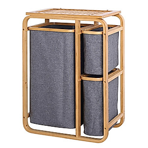 Dxcaicc Laundry Hamper with Wood Shelf,Laundry Hamper Sorter with 3 Removable & Pull-Out Sorting Bags,Clothes Hamper with Divided Bag for Laundry Room,Bathroom, Bedroom, Dorm,Grey