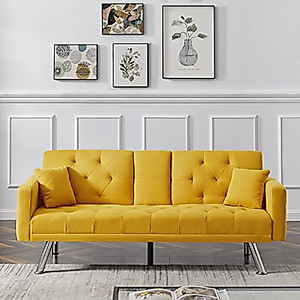 Eafurn Linen Fabric Futon Bed, Button Tufted Folding Recliner Sleeper Reversible Loveseat Convertible Daybed with 2 Cup Holders,75.59" W Small Splitback Sofa & Couches for Living Room, C-Yellow
