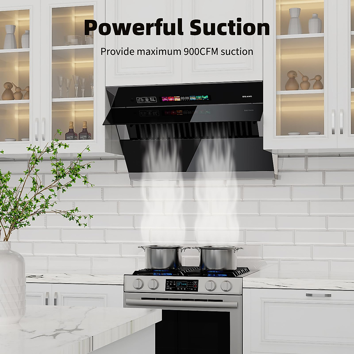 BRANO Range Hood 30 inch with 900CFM, Voice/Gesture Sensing/Touch Control Panel, Unique Side-Draft Design for Under Cabinet Modern Kitchen Hood, Ducted/Ductless Convertible