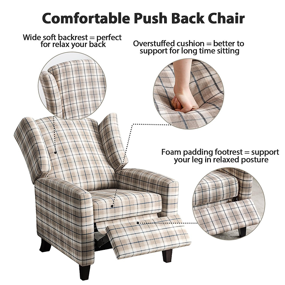 INZOY Push Back Recliner Chair, Pushback Reclining Chair with Padded Seat, Fabric Wingback Recliner for Living Room Home Theater, Plain Plaid
