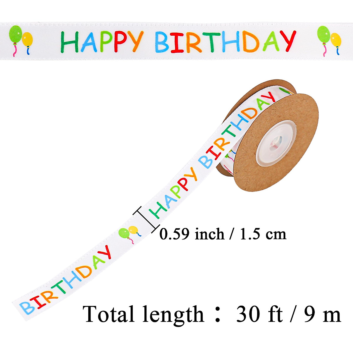 Happy Birthday Ribbon Roll for Gift Wrapping Crafts, 15 mm x 30 ft