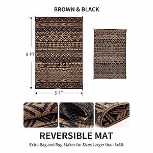 MontVoo-Outdoor Rug Carpet Waterproof 5x8 ft Reversible Patio Rug RV Camping Rug-Plastic Straw Rug Outside Indoor Outdoor Area Rug for Patio Deck Balcony Picnic Beach Outdoor Decor Boho Black Brown