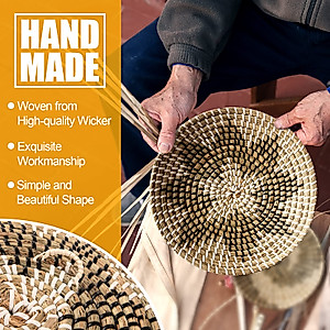 Set of 3 Decorative Wall Basket - Boho Hand Woven Rattan Hanging Decor Round Flat Wicker Baskets for Home Living Room Housewarming Gift