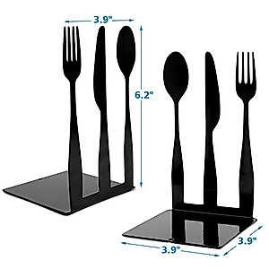 Cookbook Bookends Kitchen Fork Knife Spoon Book Ends Support with Non-slip pad, Black Metal Cookery Book Holder for Kitchen Shelf Mothers Day Teachers Day Housewarming Cooking Lover Gifts (1 Pair)