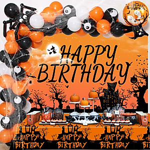 Halloween Birthday Party Decorations, Halloween Decorations Indoor/Outdoor for Kids, Halloween Party Decorations with Halloween Birthday Banner Backdrop Halloween Balloons Arch Kit