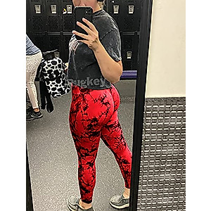 Rugkey Scrunch Butt Lift Leggings for Women Tie Dye High Waist Seamless Gym Workout Yoga Pants Ruched Booty Compression Tights Red XL