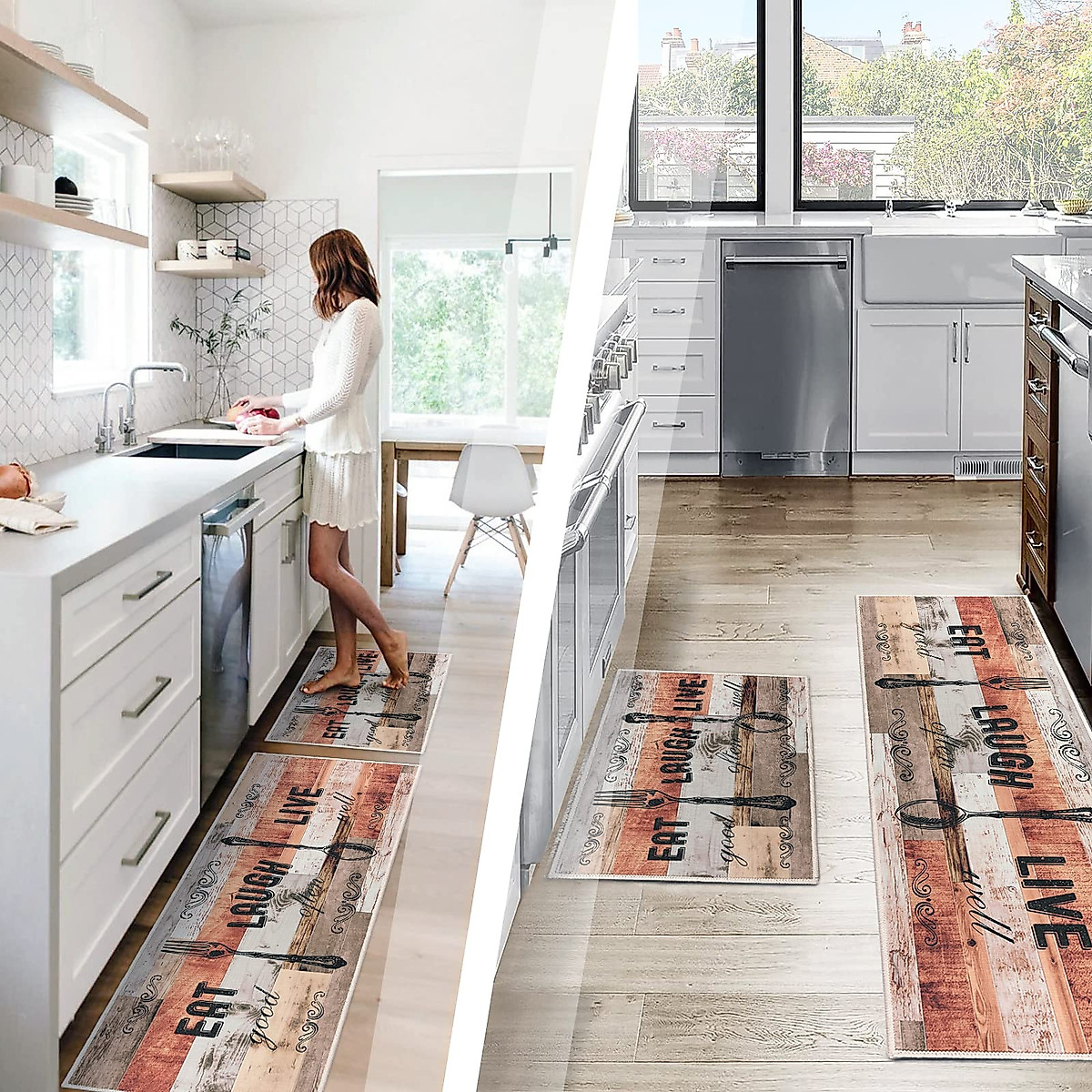 Carvapet Kitchen Mat [2 PCS 17"x48"+17"x24"] Non-Slip Backing Kitchen Rugs and Mats Pattern Printed Farmhouse Decor Washable Kitchen Floor Mat, Brown Orange