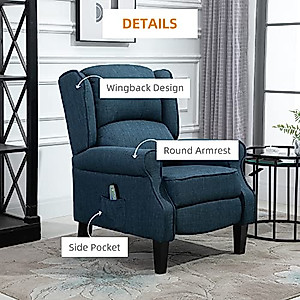 HOMCOM Vibrating Massage Recliner Chair for Living Room, Reclining Wingback Single Sofa with Heat, Linen Fabric Push Back Accent Chair with Footrest, Side Pocket, Dark Blue