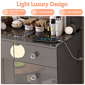 Vanity Desk with Power Outlet, Makeup Vanity with Mirror and 14 LED Lights, 3 Lighting Mode,11 Drawers Vanity Table with 2 Sliding Jewelry Storage, Glass Top, Specular Surface (Black)