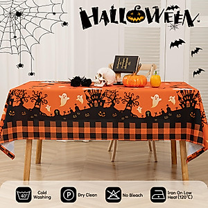 MikiUp Halloween Tablecloth, Castle Ghost Decorative Rectangle Table Cloth, Holiday Fabric Table Cover for Party Picnic Dinner Decor, Orange 60 x 84 Inch