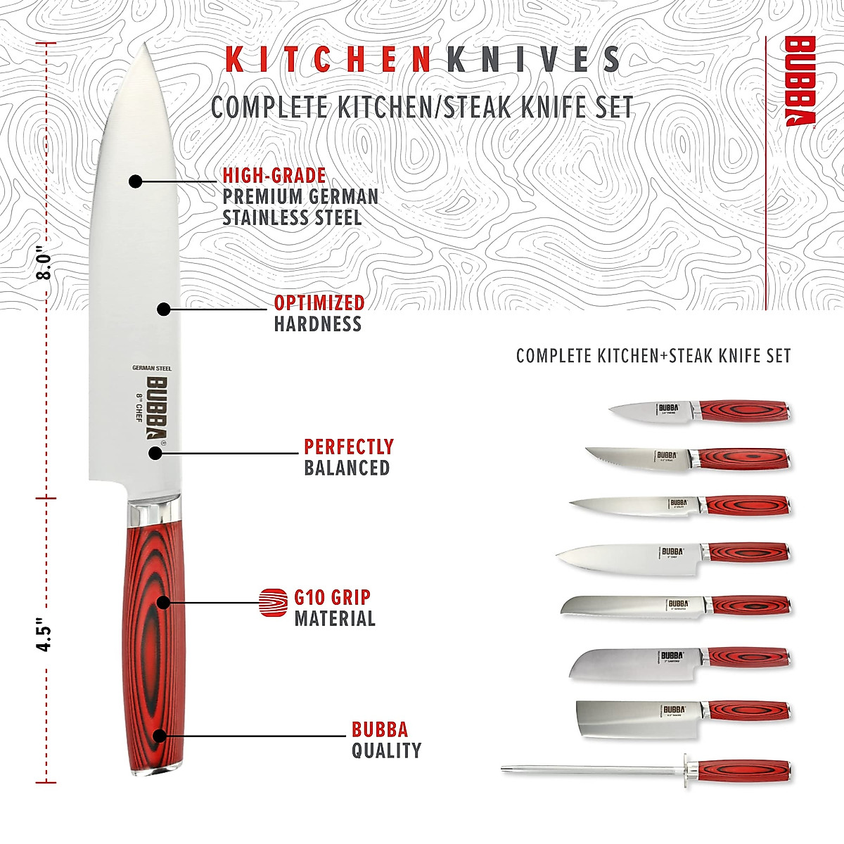 BUBBA Complete Kitchen and Steak Knife Set for all your kitchen cutting needs with G10 Handles, Premium German Stainless Steel and a Parawood Knife Block