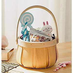 Small Round Natural Woodchip Wooden Decorative Storage Basket with Handle