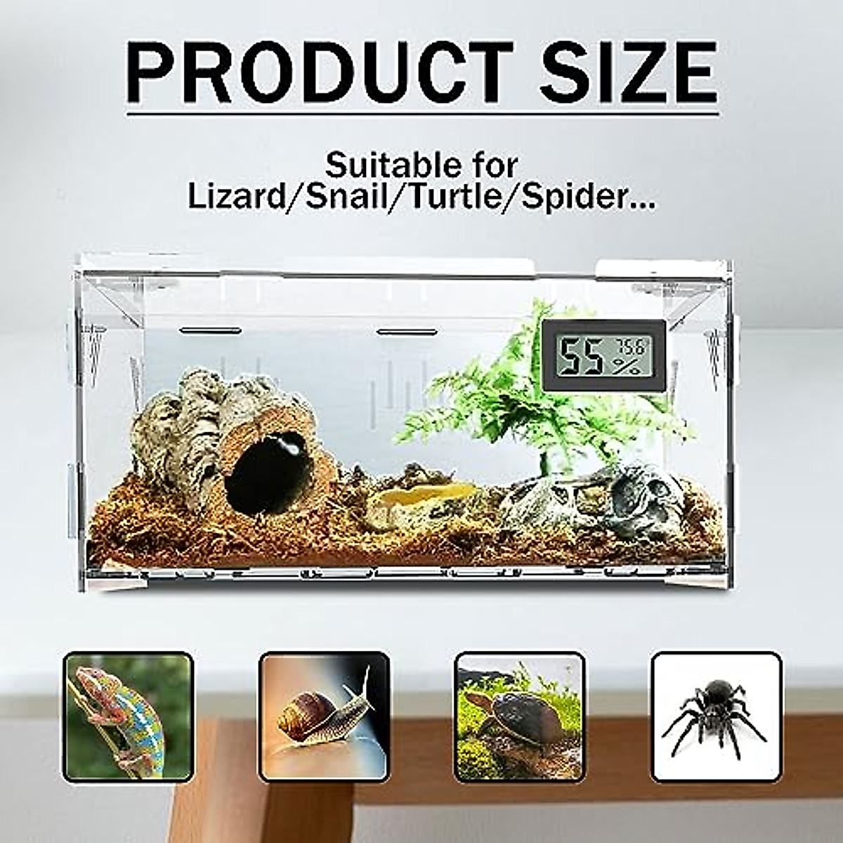 Reptile Terrariums, with Temperature Hygrometer, 11.8"x7.9"x5.9" Acrylic Reptile Breeding Box Terrarium Cage Tank for Small Reptile Insect Home Office