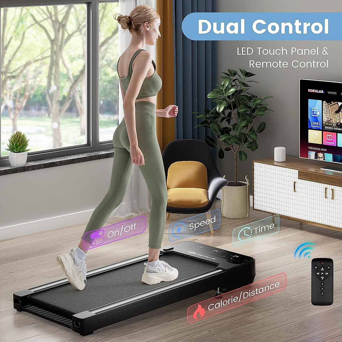 Goplus Under Desk Treadmill, Electric Treadmill Walking Pad with Touchable LED Display and Wireless Remote Control, Built-in 3 Workout Modes and 12 Programs, Running Jogging for Home Office
