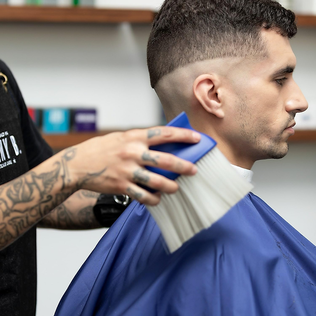 JOHNNY B. Professional Barber Neck Duster with Soft, Long Bristles, Blue