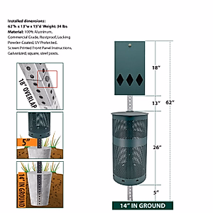 5' Tall Rust Proof Aluminum Low Profile Dog Waste Station for Roll Bags (most popular bags) with 400 waste bags & 25 can liners (Matte Black)