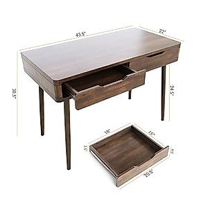 Tangkula Mid-Century Desk with 2 Drawers, Writing Study Desk, PC Laptop Desk, Home Office Computer Workstation for Small Space, Makeup Vanity Console Table (Walnut)