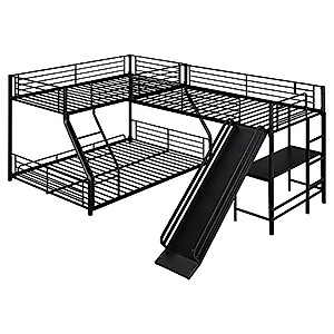 FIQHOME Metal L-Shaped Bunk Bed with a Loft Attached,Twin Over Full Bunk Bed with Twin Size Loft Bed,Built-in Desk and Slide,Metal Triple Bed for Kids Teens Boys Girls,No Box Spring Needed,Black