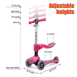 Kicknroll 3 Wheel Scooter for Kids Ages 3-5, Extra-Wide Deck Lean to Steer Foldable Toddler Scooter with Seat, 3 LED Light Wheels & 4 Adjustable Height, 110 Lbs Capacity- Pink 2 in 1 Kids Scooter