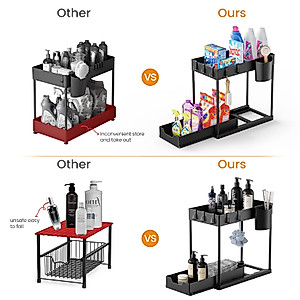 EWU 2 Pack Under Sink Organizers and Storage, 2 Tier Under Sliding Cabinet Basket Organizer Drawer, Multi-purpose Storage Shelf for Kitchen Bathroom Bedroom Office with Hanging Cup and 5 Hooks, Black