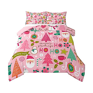 Erosebridal Pink Christmas Comforter Set, Cartoon Santa Claus Bedding Set Full Size for Kids Boys Girls Women, Snowman Pine Duvet Sets Christmas Tree Cute Deer Down Comforter Xmas Decor,2 Pillowcases