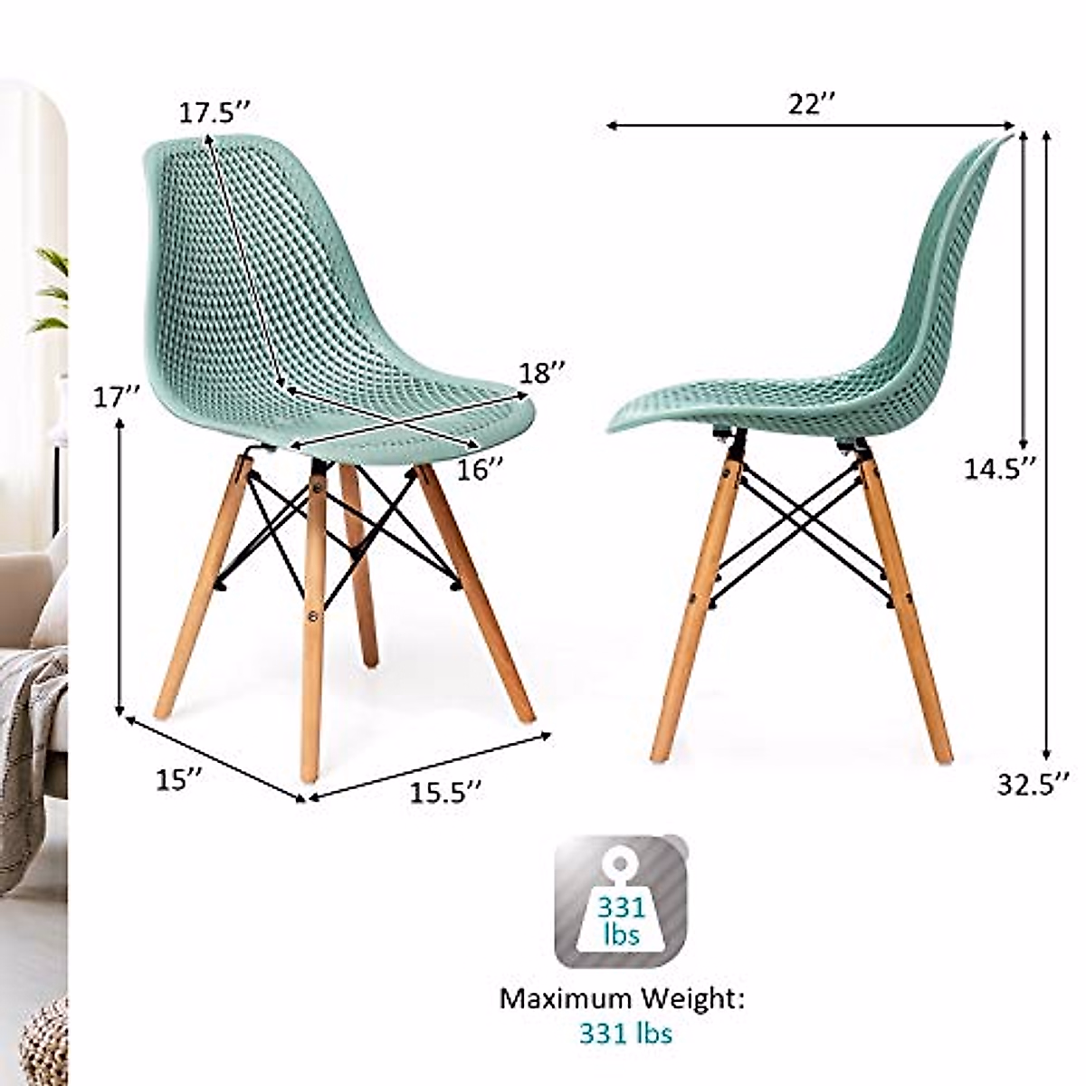 Giantex Set of 2 Modern Dining Chairs, Outdoor Indoor Shell PP Lounge Side Chairs with Mesh Design, Beech Wood Legs, Tulip Leisure Chairs, DSW Dining Chairs for Kitchen, Dining Room, Green