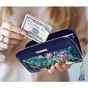 Coco Rossi Women Wallets Multi Card Case Wallet Clutch Wallet Card Holder Organizer Ladies Purse Floral Tassel Wrist strap Purse,Mandala Nebula