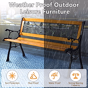 S AFSTAR Outdoor Garden Bench, Outside Porch Loveseat with Rose Cast Backrest & Stable Metal Legs, 2-3 Person Park Bench, Weather Proof Outdoor Bench for Patio Garden Backyard Poolside