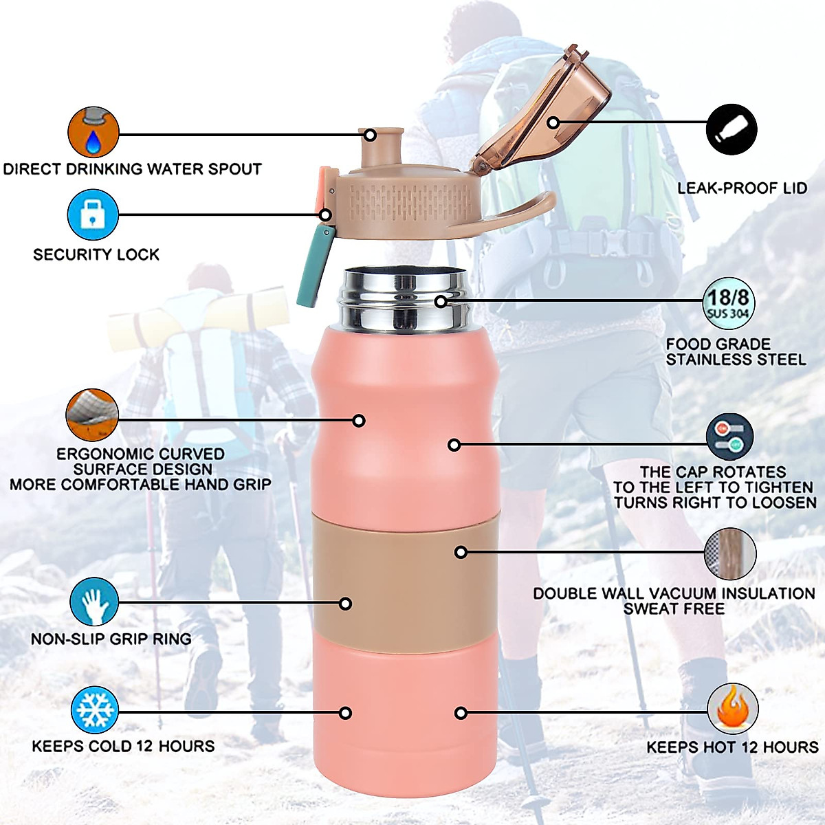 Stainless Steel Insulated Bottle-Vacuum flask Water Bottles Coffee/Juice Cup with Leak Proof Lids,Double Walled Sport Travel Mug with Handle,Keeps Hot and Cold BPA Free 17oz (Pink)