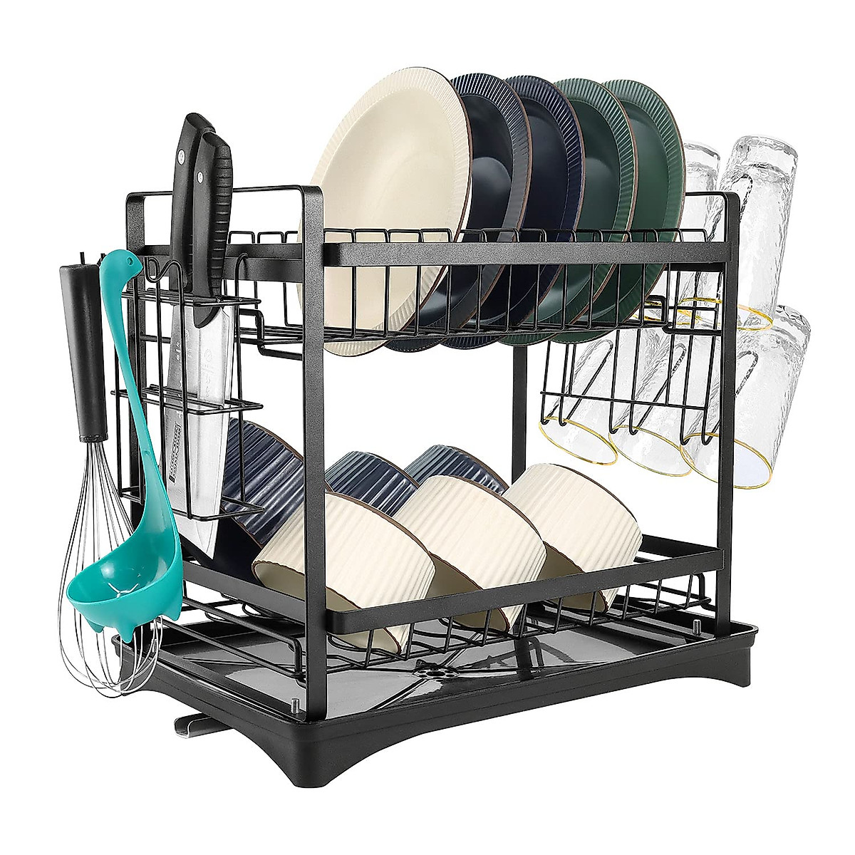 Flaovoth 2 Tier Dish Drying Rack, Dish Drainers for Kitchen Counter Dish Rack with Drying Drainboard, Adjustable Swivel Spout, Cutlery Caddy, Cup Hanging Holder, Spoon Rack and Knife Holder, Black