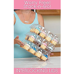 (12Pack x 12 Sets) STACK'nGO Cupcake Carriers - Sturdy Strong High Tall Dome Containers Plastic Disposable Storage Boxes Dozen Compartments Slots Holder Cupcakes Box Tray Container Cup Cake Holders