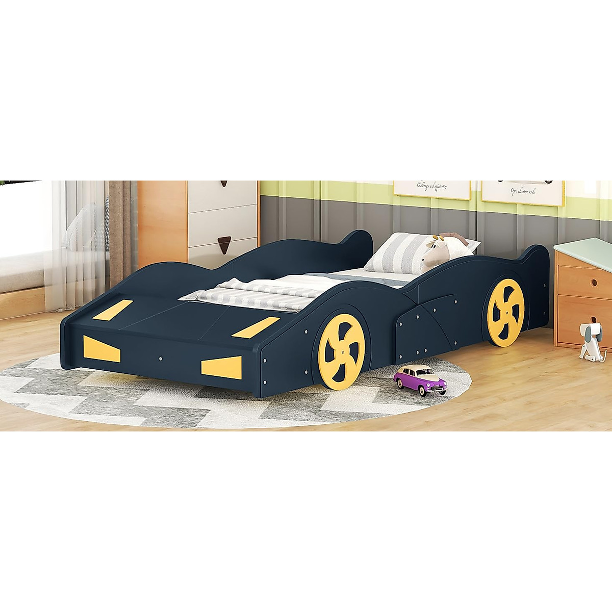 Twin Size Race Car-Shaped Platform Bed Frame for Boys Girls Kids Adults Toddler with Wheels and Storage, Dark Blue+Yellow